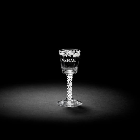 Bonhams An Inscribed Beilby Enamelled Opaque Twist Wine Glass Circa 1765