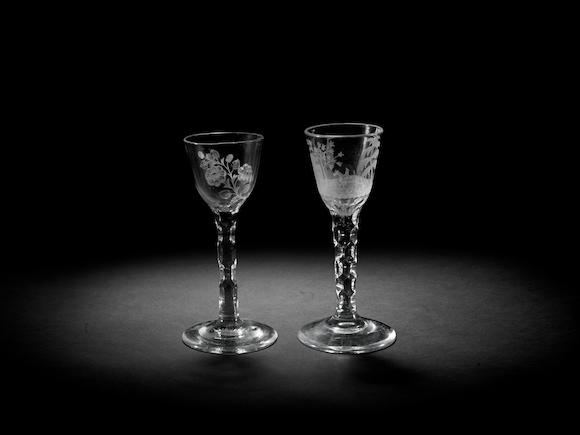 Bonhams Two Engraved Facet Stem Wine Glasses Circa 1770