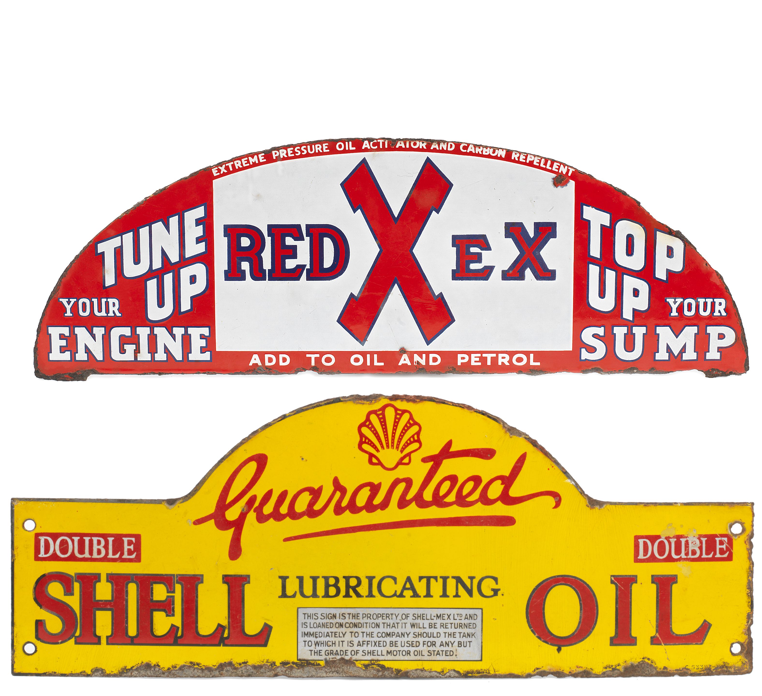 Bonhams Cars : Two oil cabinet shaped enamel display signs for 'Redex ...