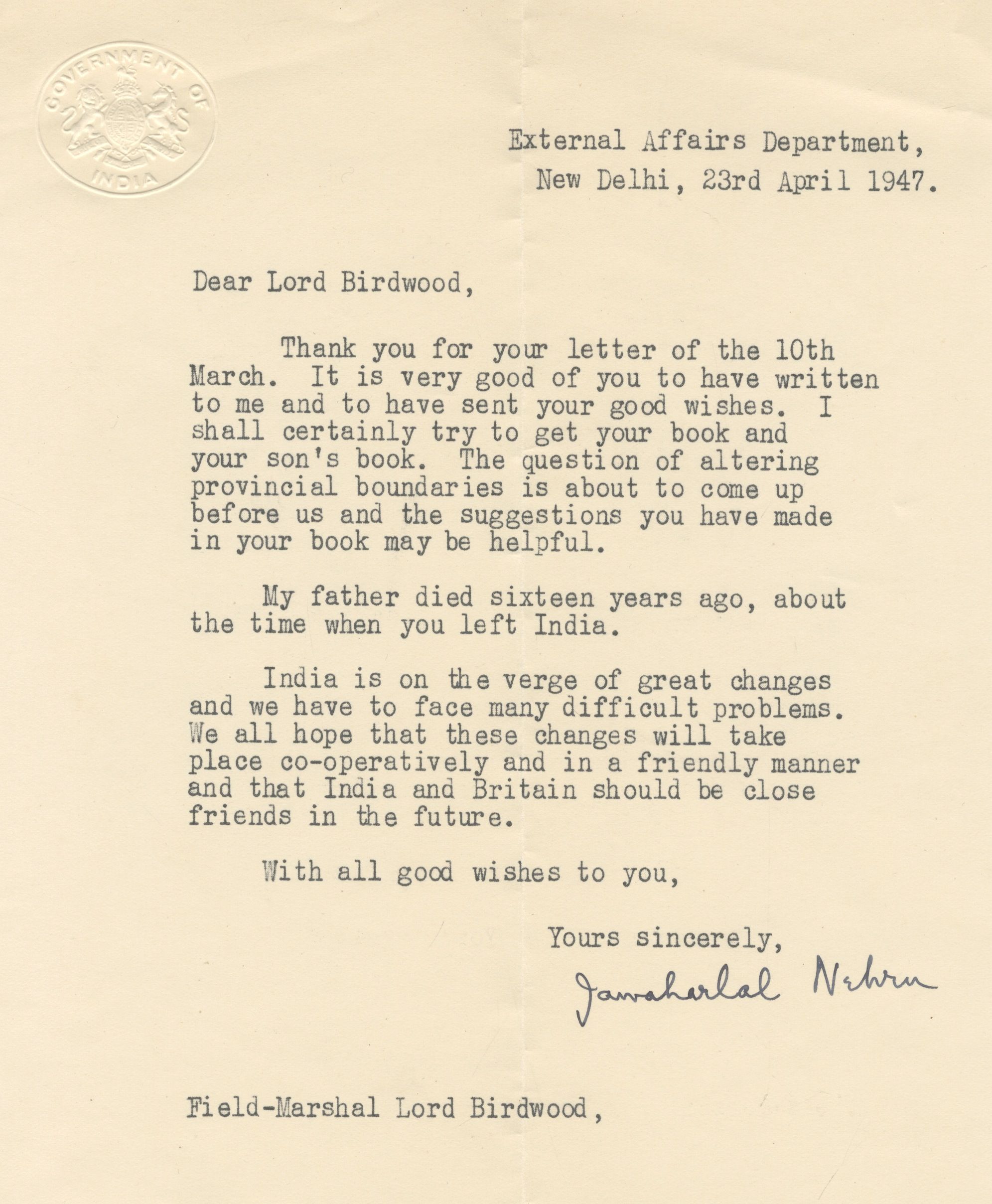 Bonhams : INDIA - NEHRU Typed letter signed by Pandit Nehru (Jawaharlal ...