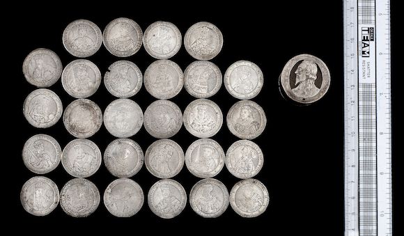 Bonhams : A Charles I period silver counter case containing twenty ...