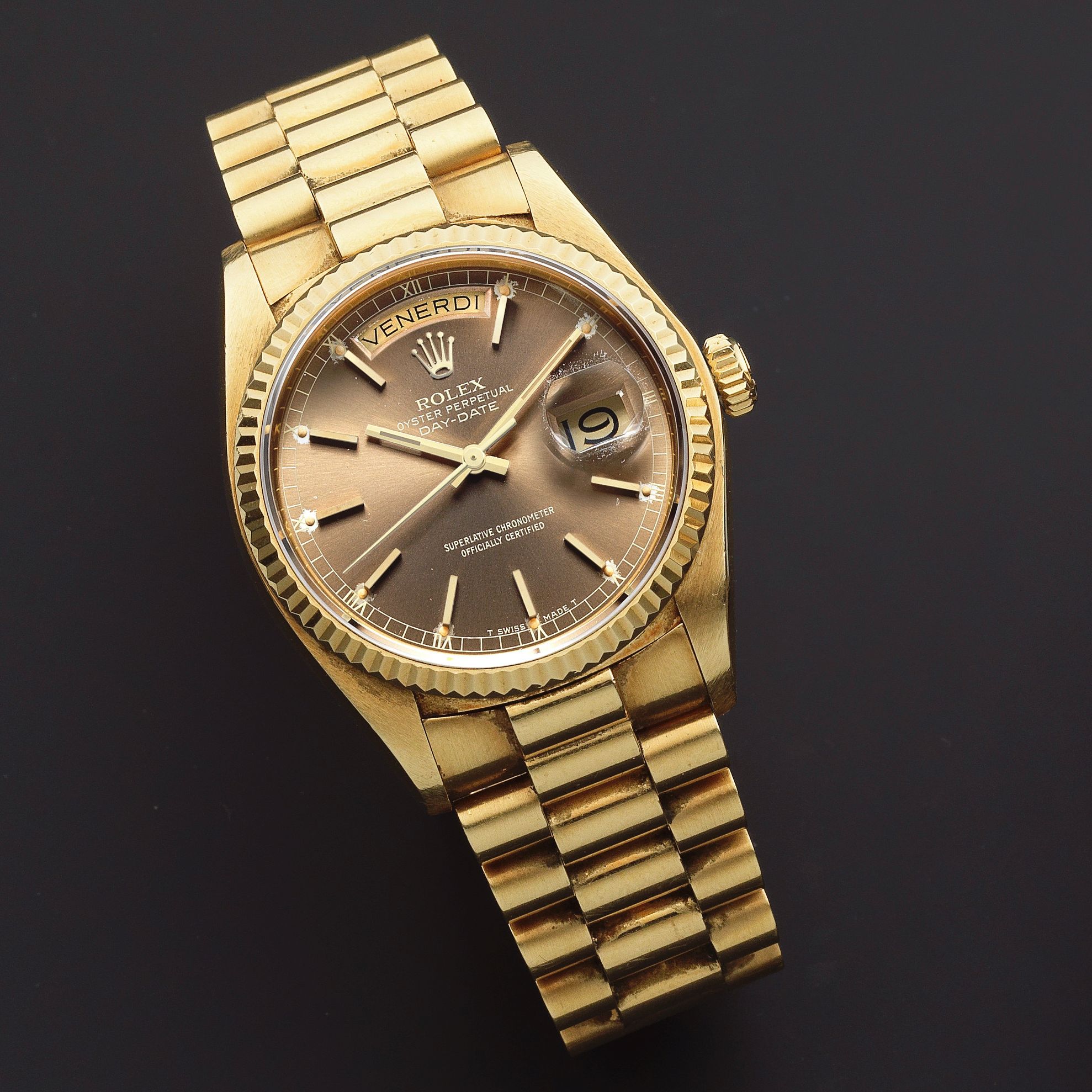 Bonhams : Rolex. An 18K gold automatic calendar bracelet watch Day-Date ...