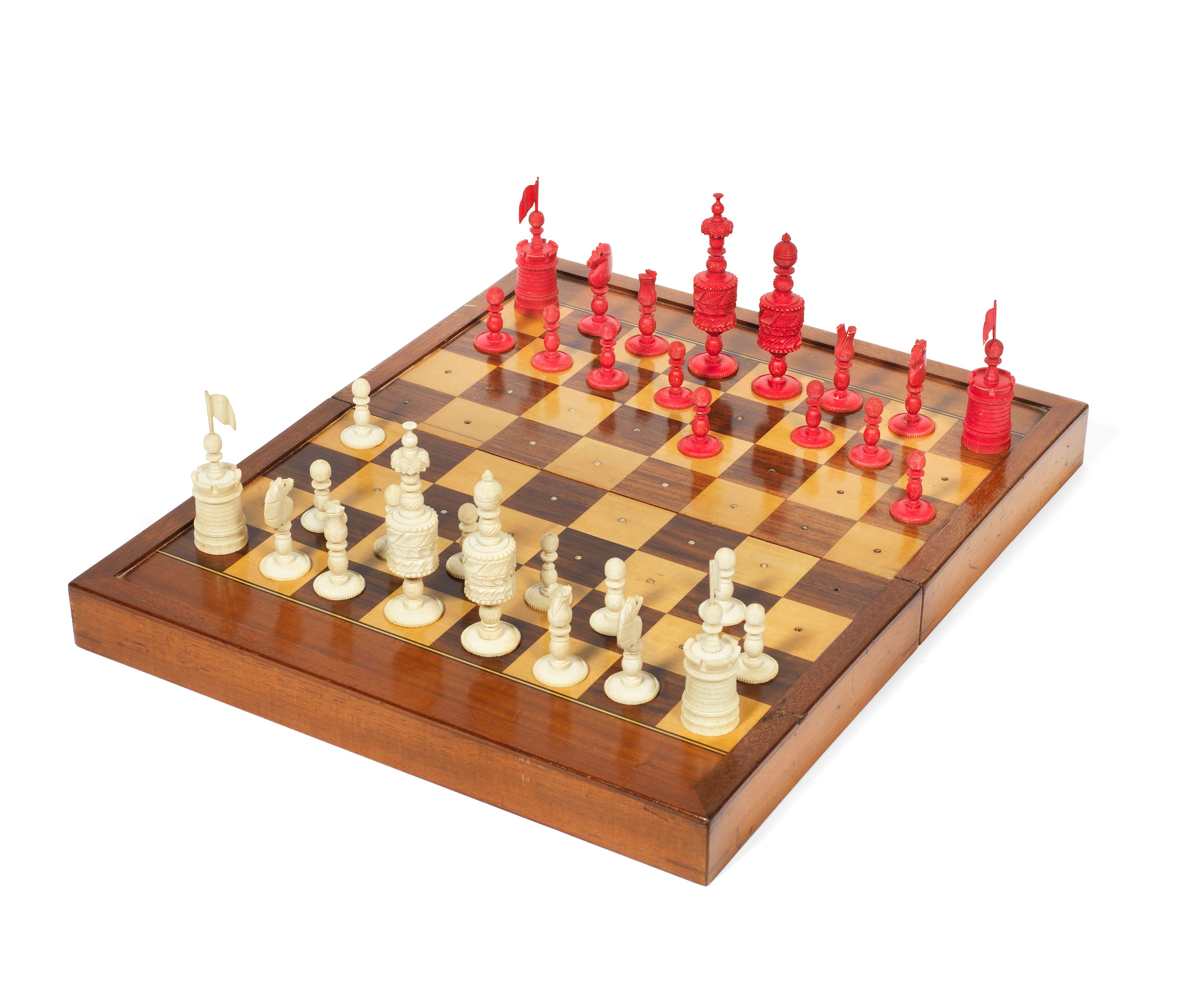 Bonhams : A late 19th century boxed turned bone barleycorn chess set ...