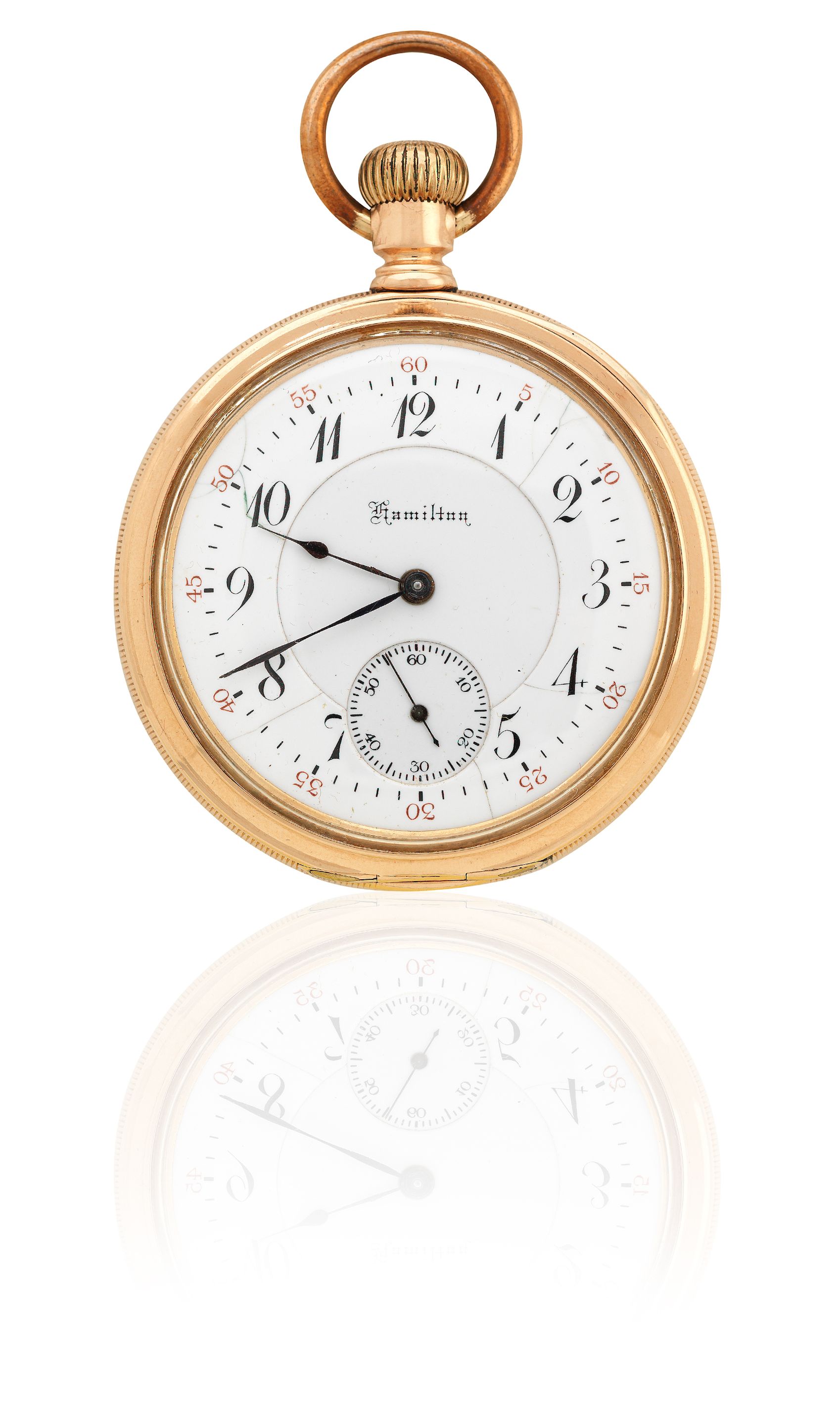 Bonhams : A late 19th century 14ct gold Hamilton open faced pocket watch
