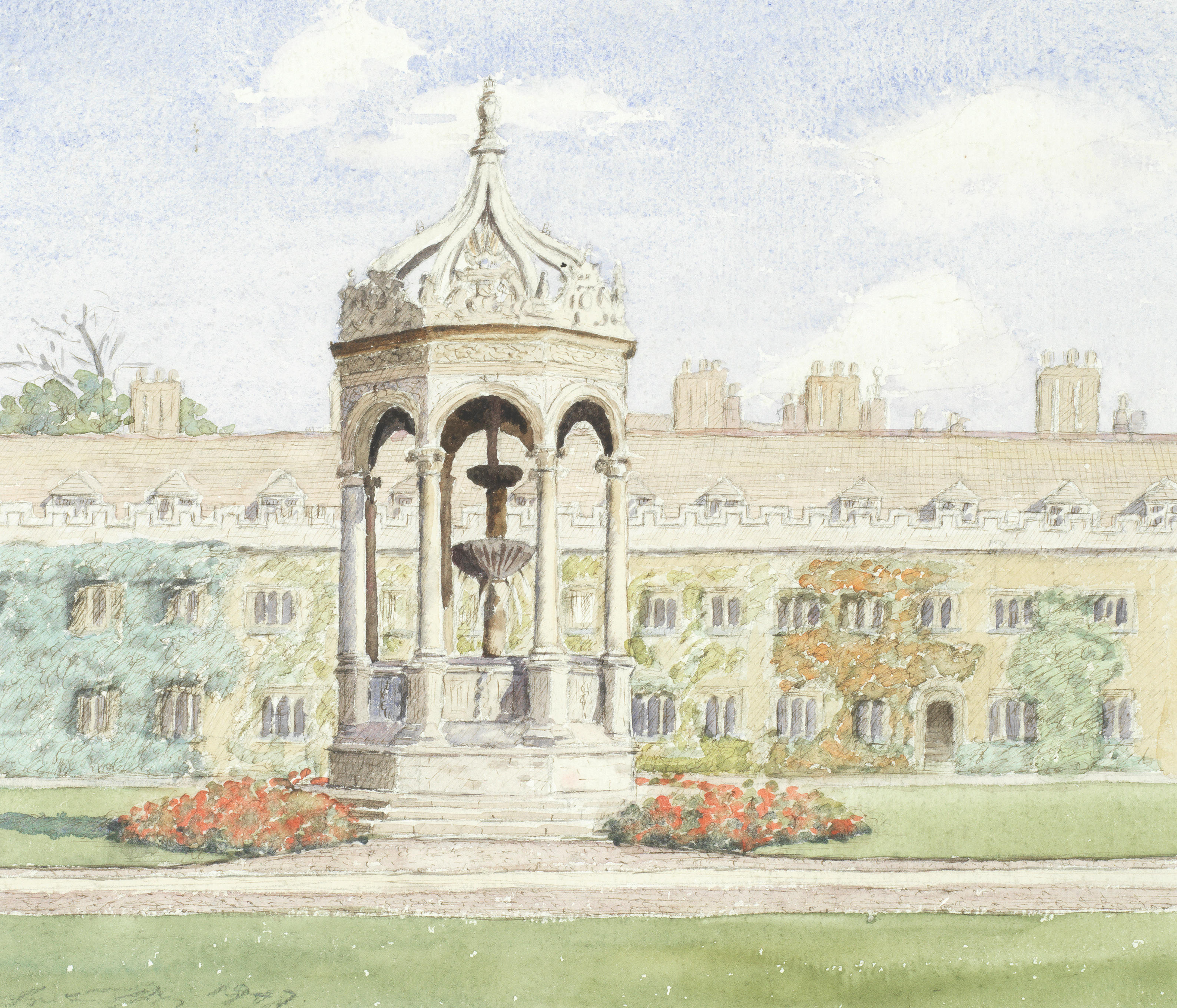 Bonhams : Anthony Day (British, 20th Century) Trinity College fountain ...