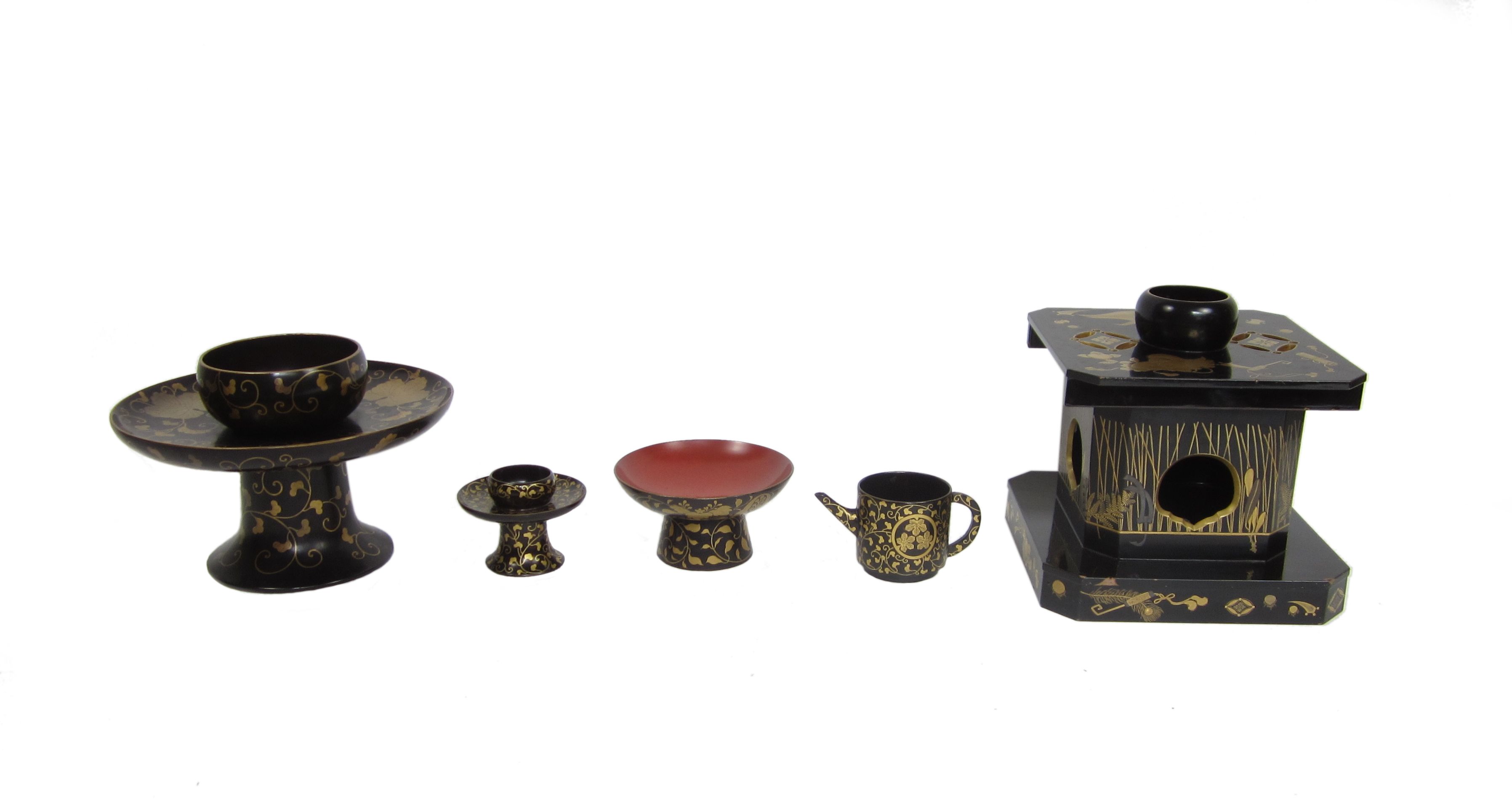 Bonhams : Three black and gold-lacquer sake stands together with a ...