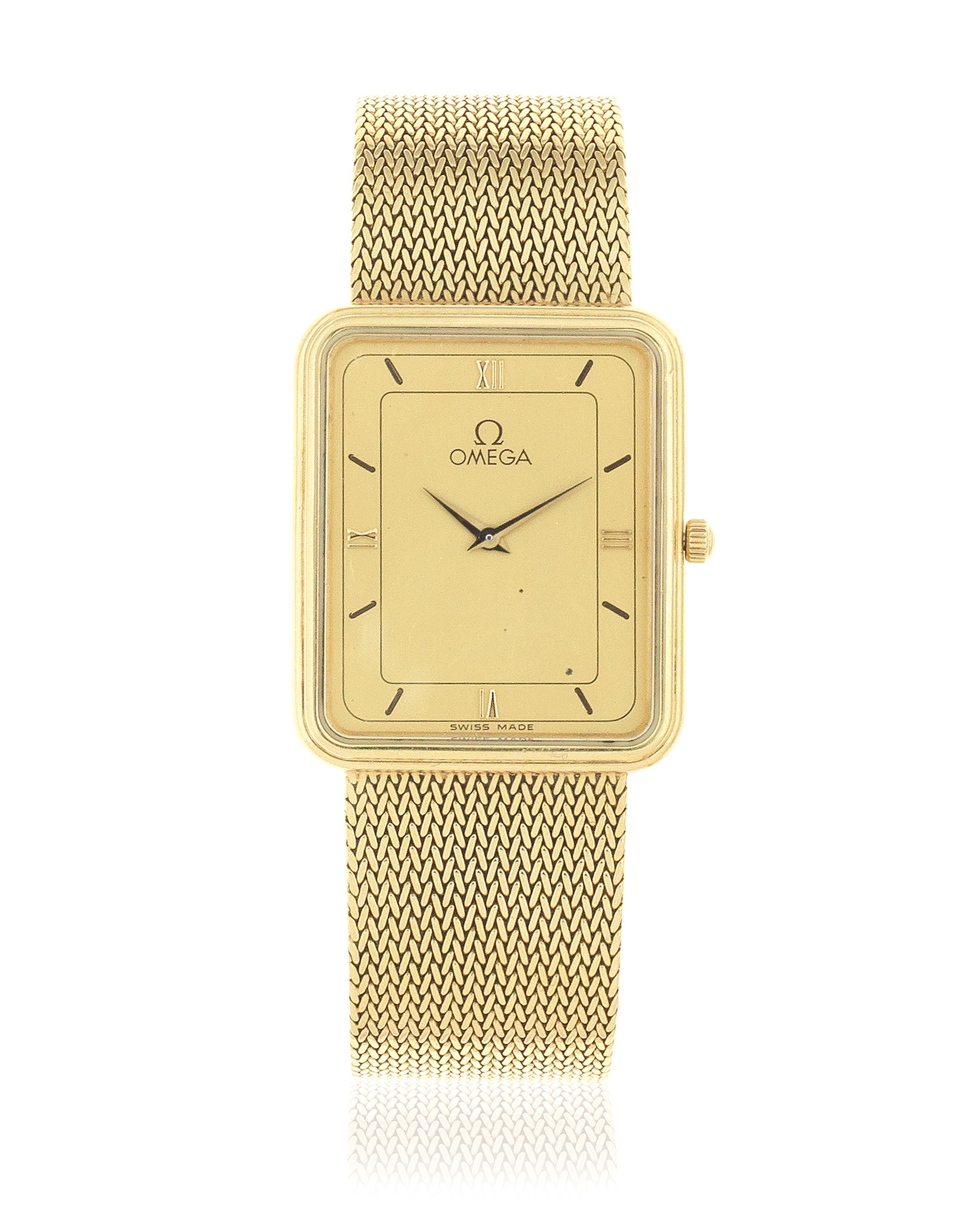 Bonhams : Omega. An 18K gold quartz rectangular bracelet watch Circa 1970
