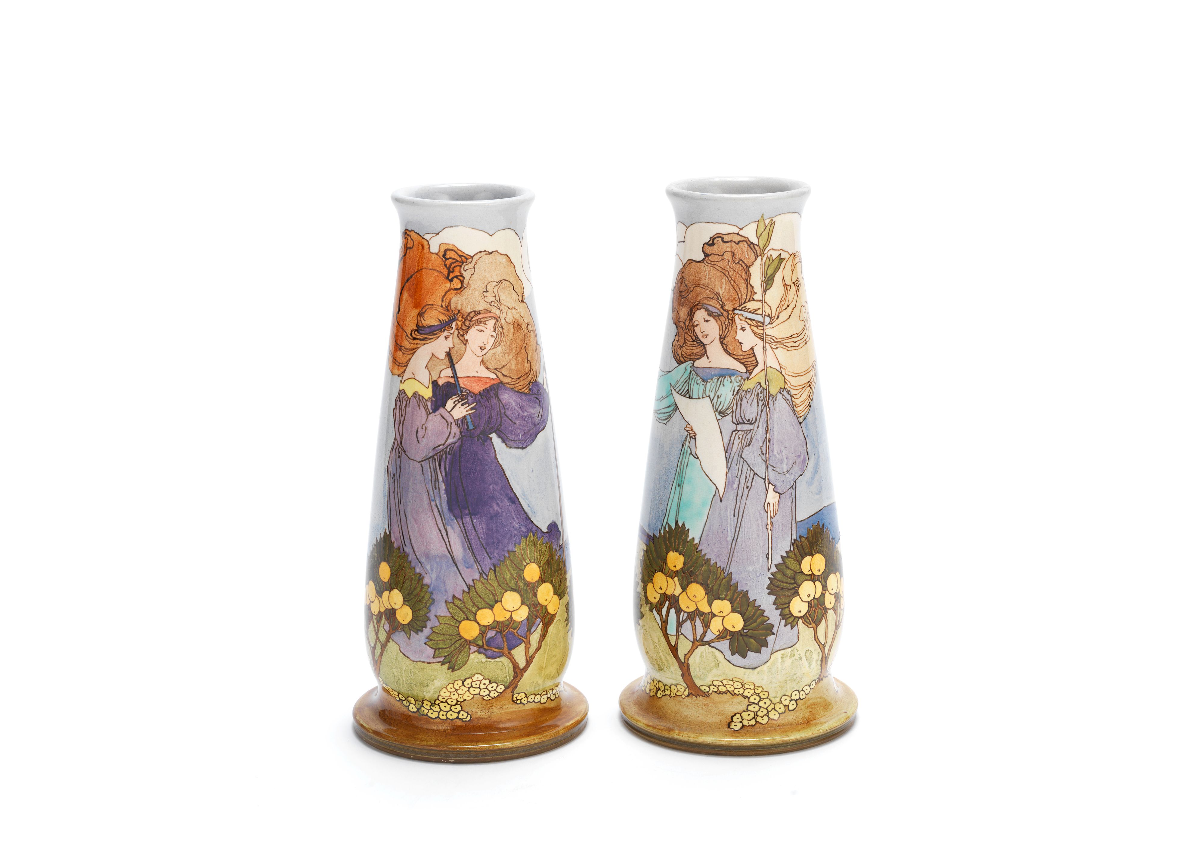 Bonhams : A Pair of Doulton Lambeth Art Nouveau Vases with Maidens in a ...