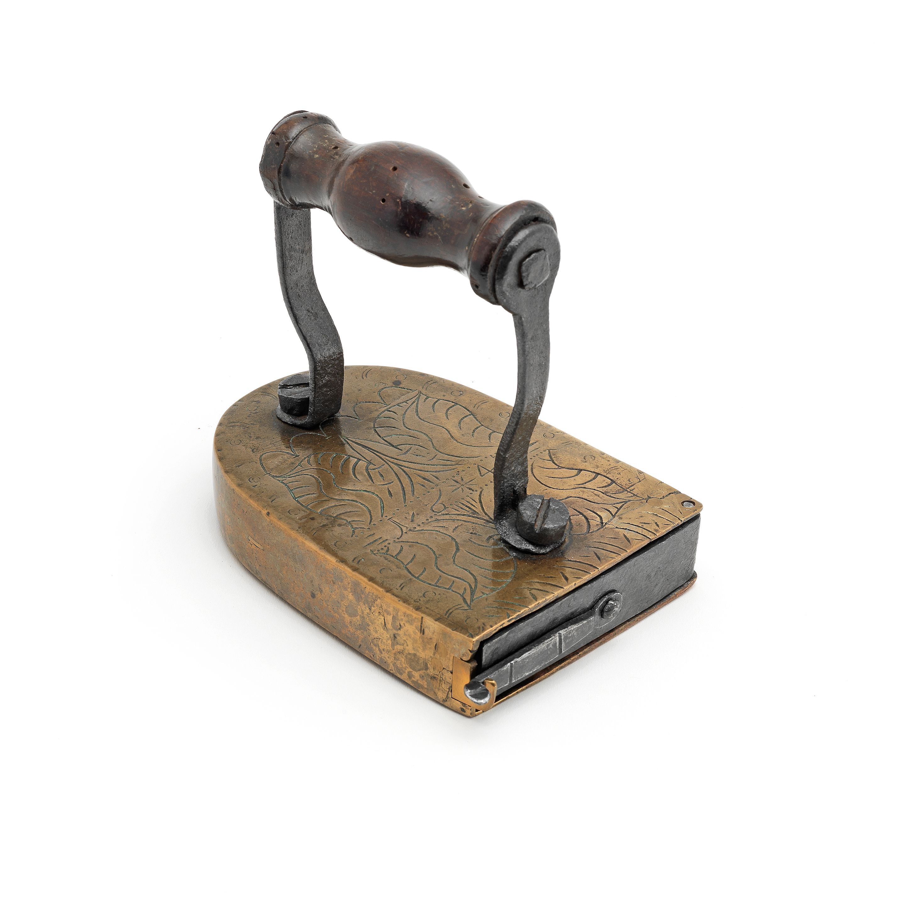 Bonhams : A rare brass alloy and wrought iron box iron, Danish, dated 1647