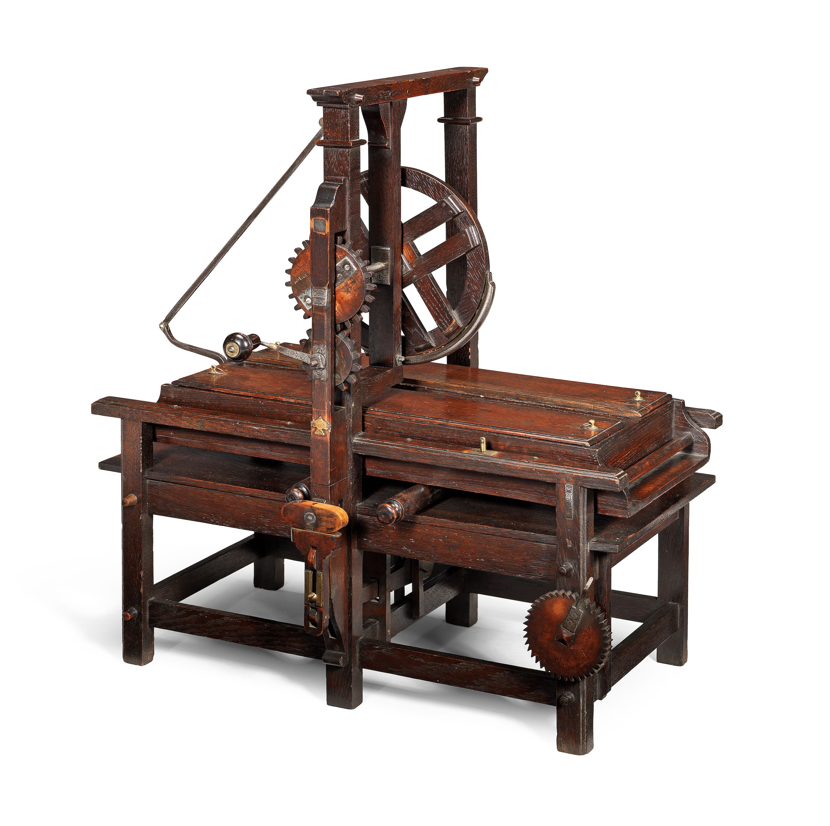 Bonhams : A rare table-top oak box mangle, English/Dutch, circa 1760