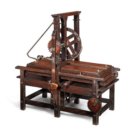 Bonhams : A rare table-top oak box mangle, English/Dutch, circa 1760