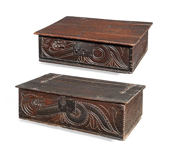 Bonhams : Two Charles II boarded oak boxes, Dorset, circa 1670 (2)