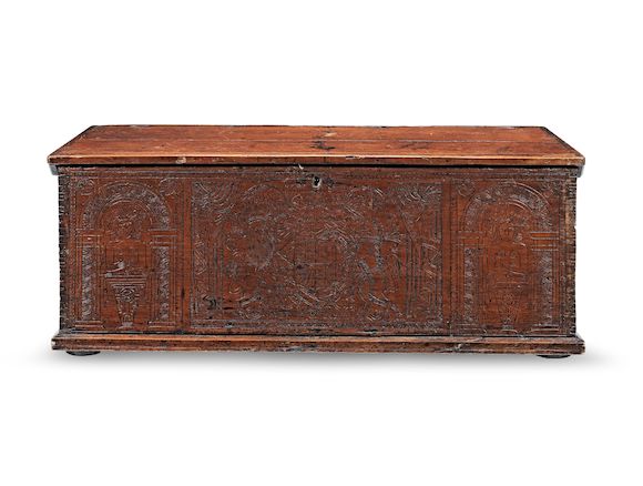 Bonhams : A James I boarded cypress-wood and 'pitch'-decorated chest ...