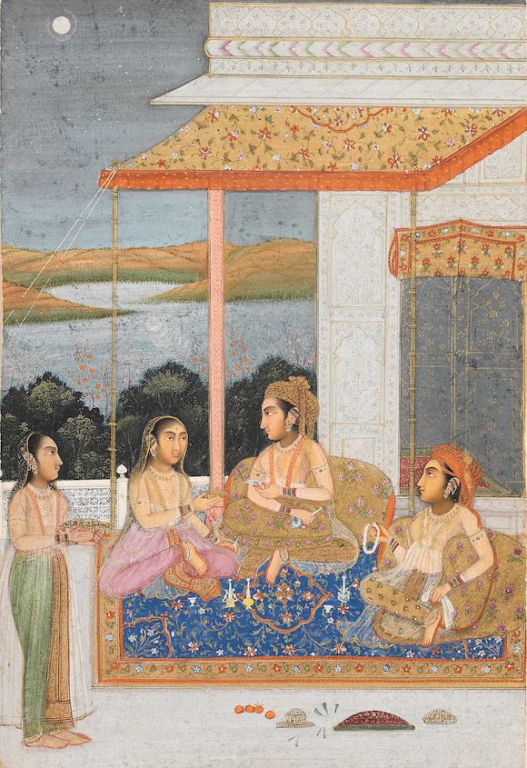 Bonhams : Maidens seated on a palace terrace by moonlight Delhi, circa ...