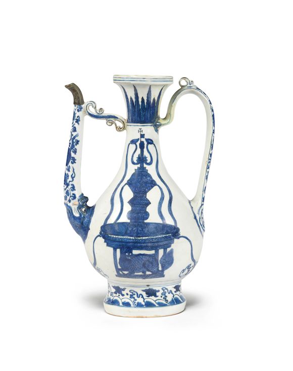 Bonhams : A rare blue and white 'magic fountain' ewer Changsheng bulao ...