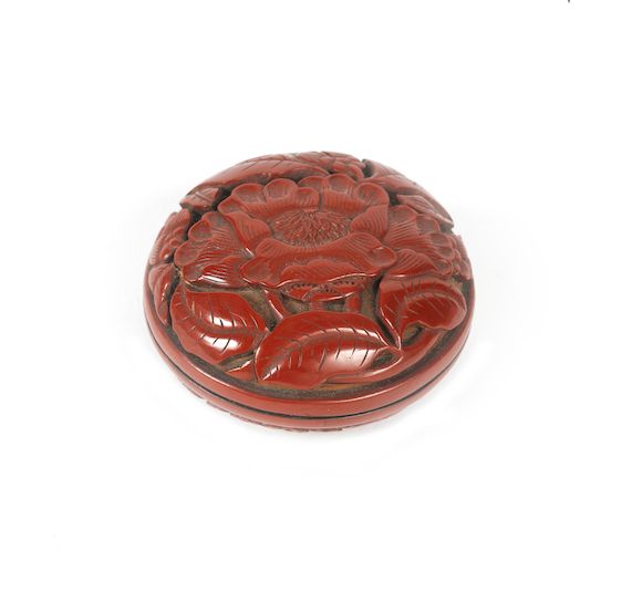 Bonhams : A carved lacquer 'peony' incense box and cover Early Ming ...