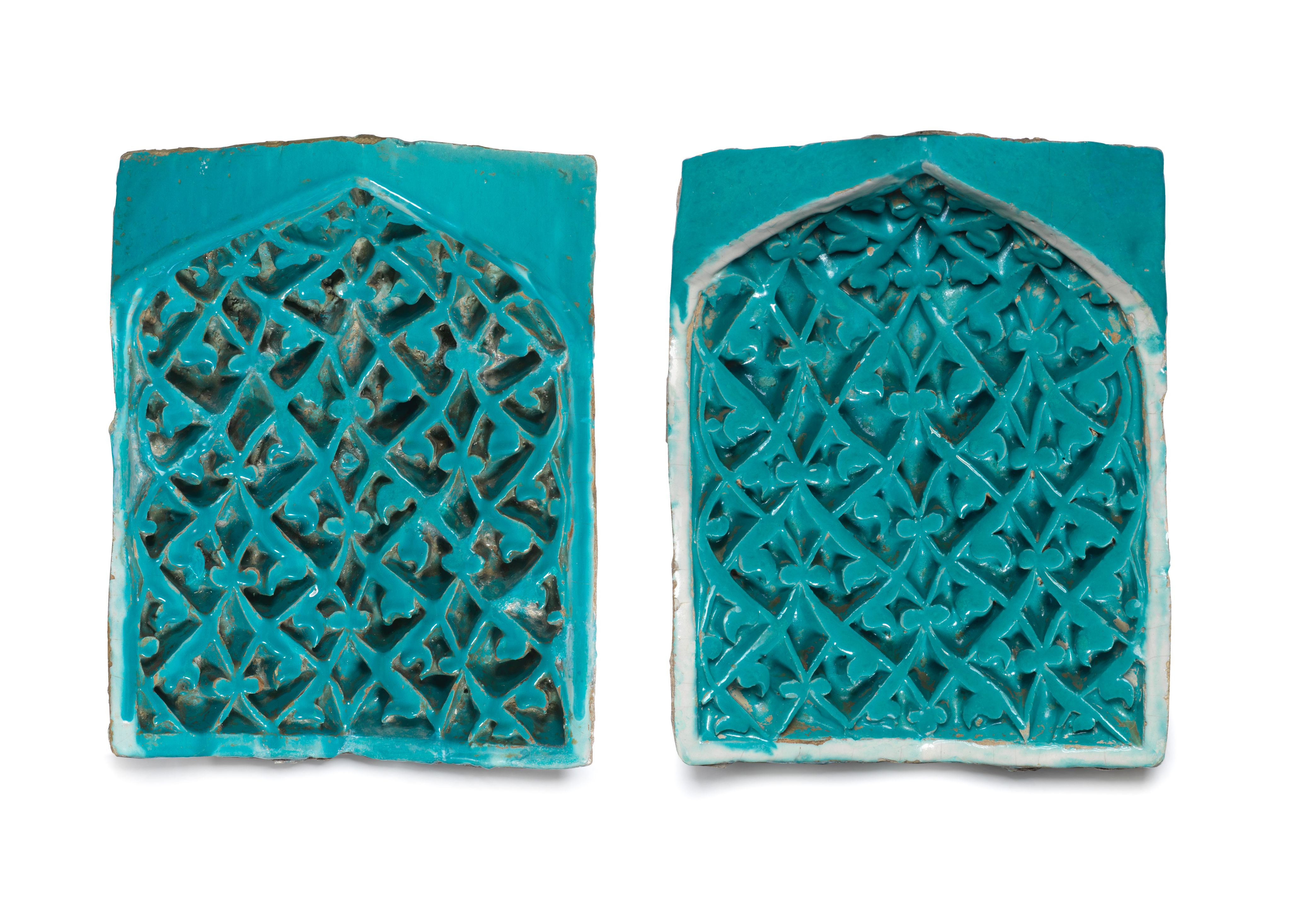 Bonhams : A pair of Timurid moulded pottery squinch tiles (muqarnas ...