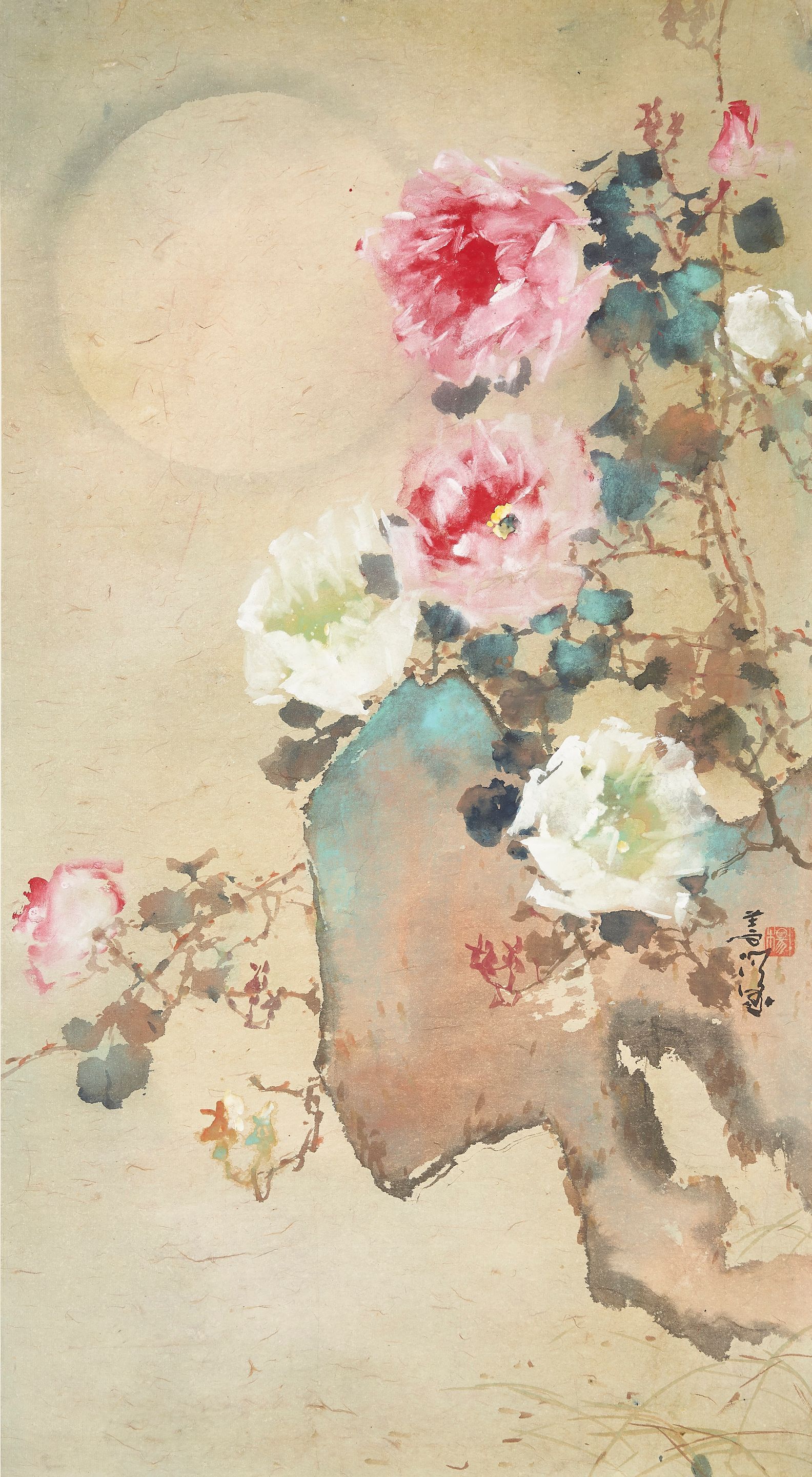 Bonhams : Yang Shanshen (1913-2004) Roses under a Full Moon
