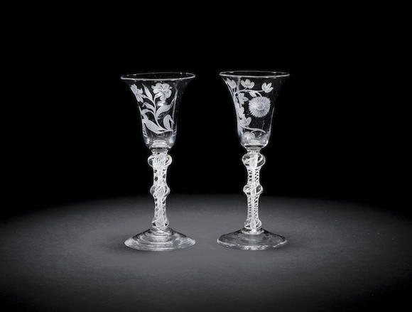 Bonhams A Pair Of Engraved Opaque Twist Wine Glasses Circa 1765