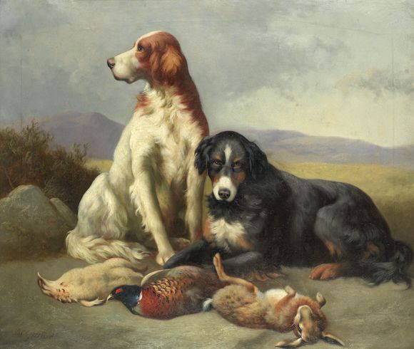Bonhams : William Gillard (British, born 1812) Gun dogs with game on ...