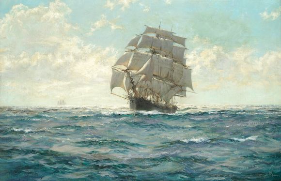 Bonhams : Montague Dawson (British, 1890-1973) At full sail on the high ...