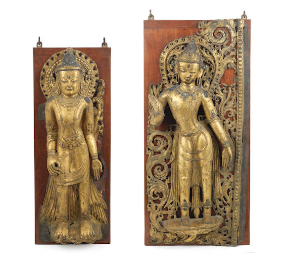 Bonhams Two Large Gilt Copper Alloy Repoussé Figures Nepal 15th16th