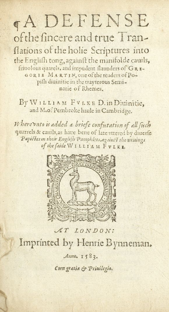 Bonhams : FULKE (WILLIAM) A Defense of the Sincere and True ...