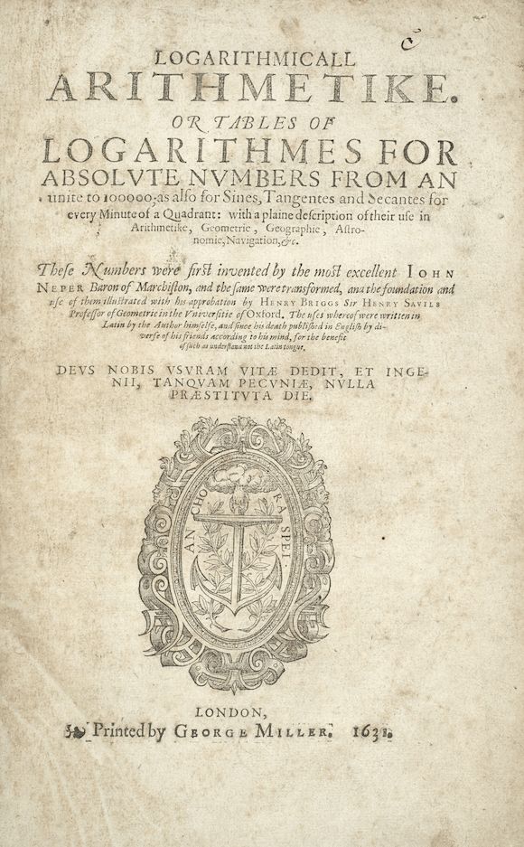 Bonhams : BRIGGS (HENRY) Logarithmicall Arithmetike. Or Tables of ...
