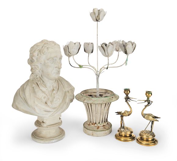 Bonhams : A painted tole seven light flowering basket candelabra (3)