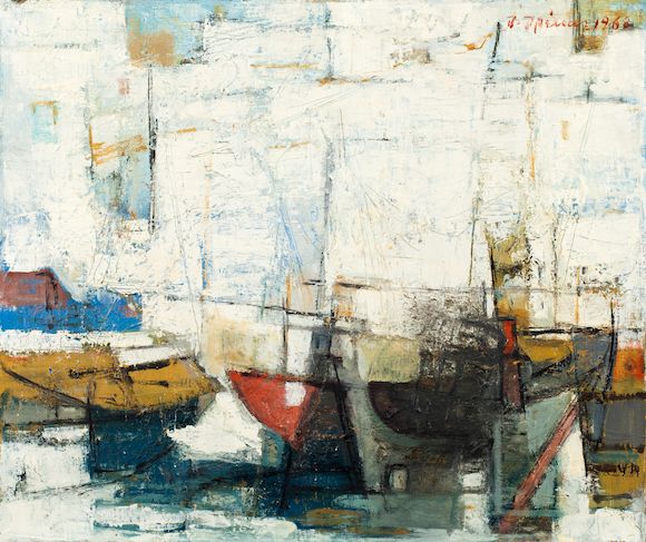 Bonhams : Paris Prekas (Greek, 1926-1999) White sails 50 x 59.5 cm.