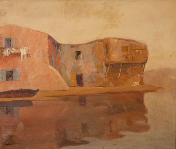 Bonhams : Michalis Economou (Greek, 1888-1933) Houses near the sea 54 x ...