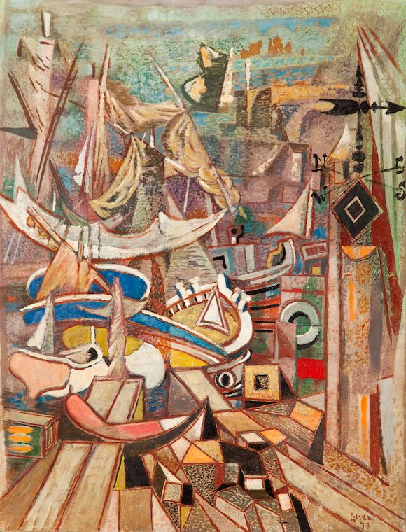 Bonhams : Nikos Hadjikyriakos-Ghika (Greek, 1906-1994) Moorings 65 x 50 cm.