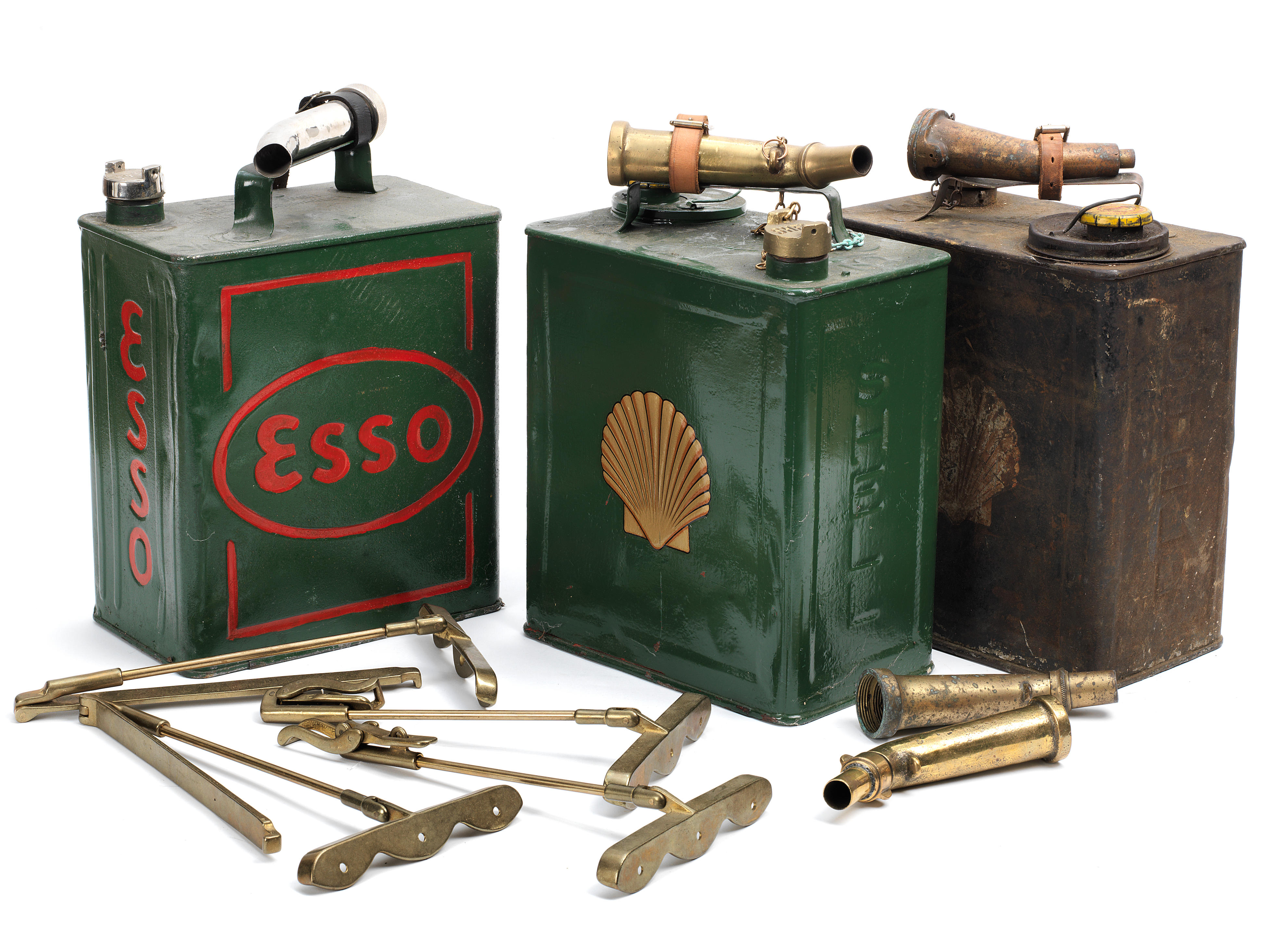 Bonhams Cars : Three 2-gallon petrol cans with mounting brackets, ((Qty))