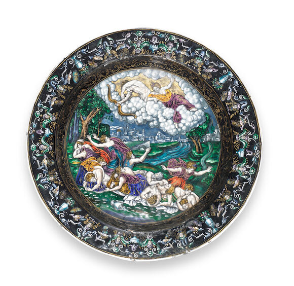 Bonhams : A 19th century Limoges enamel charger decorated with a scene of Artemis and Apollo ...