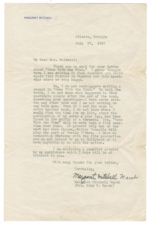 Bonhams : MITCHELL (MARGARET) Typed letter signed ("Margaret Mitchell ...