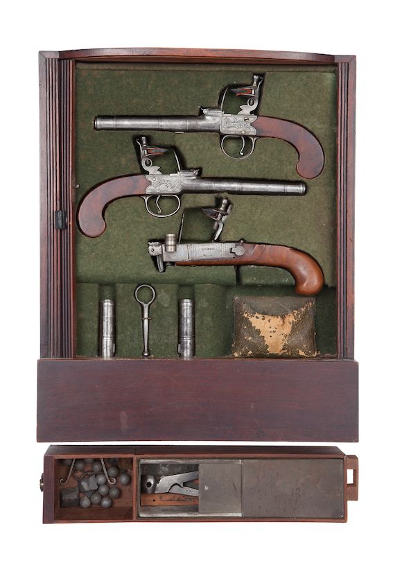 Bonhams : An Unusually Cased Pair Of 50-Bore Flintlock Box-Lock Pistols ...