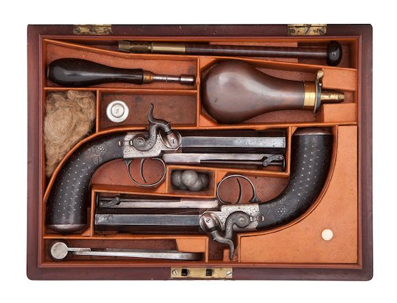 Bonhams : An Unusual Cased Pair Of 18-Bore Percussion Box-Lock Belt Pistols