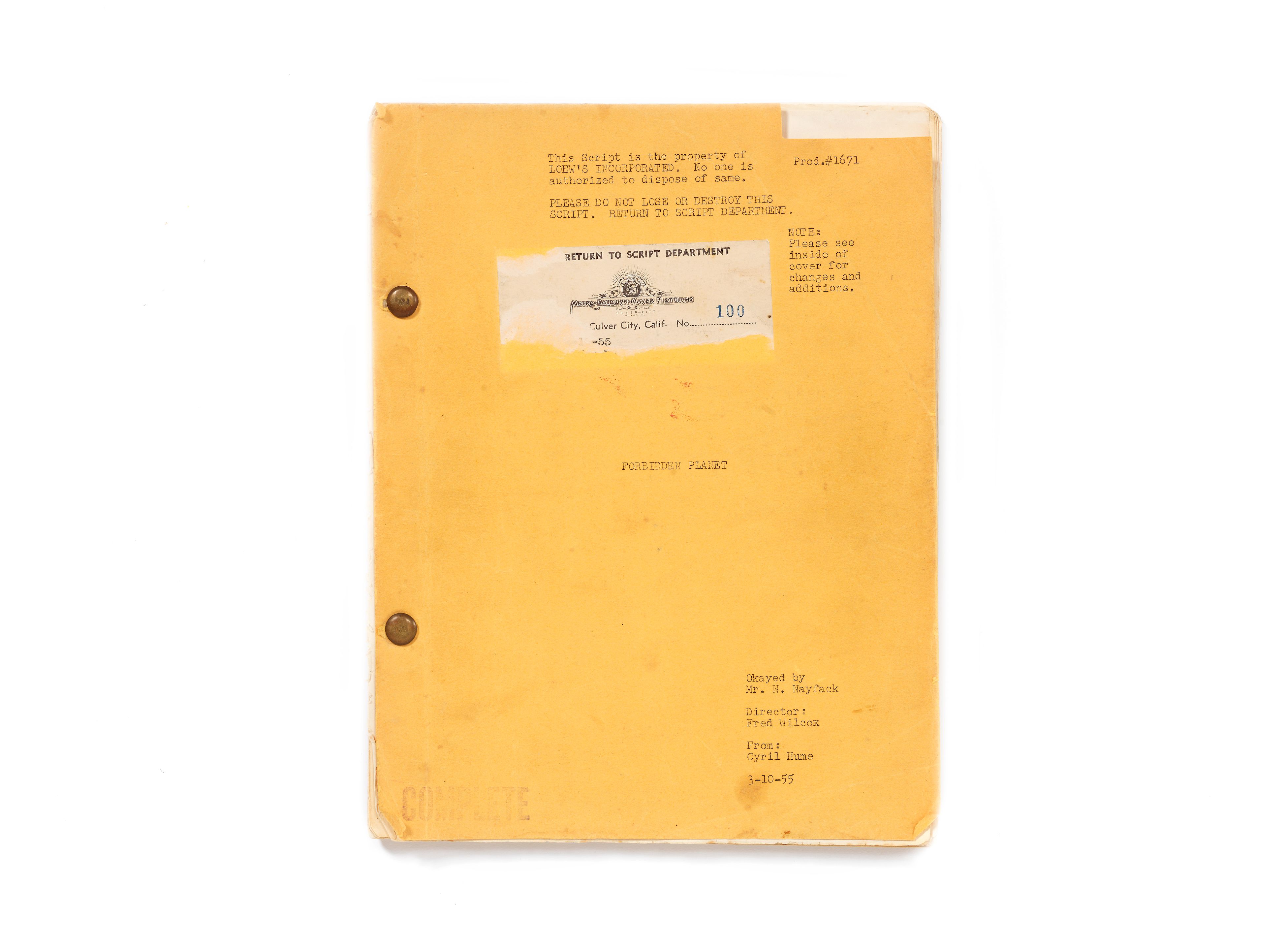Bonhams : Forbidden Planet A Pre-production script, M.G.M, 1956,