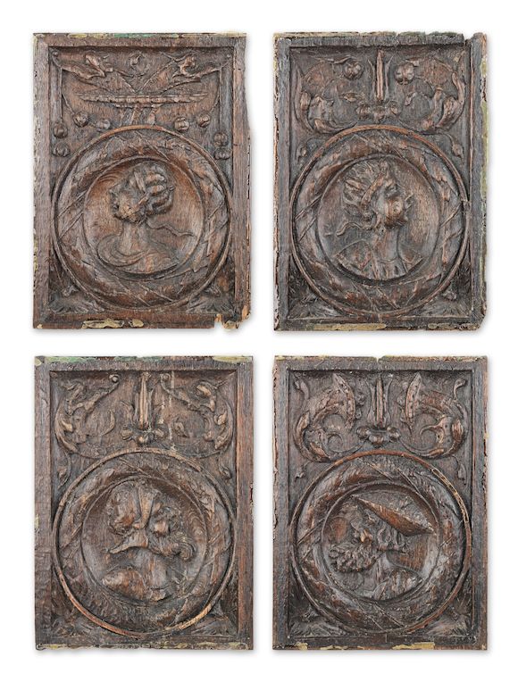 Bonhams : A set of four early to mid-16th century carved oak 'Romayne ...