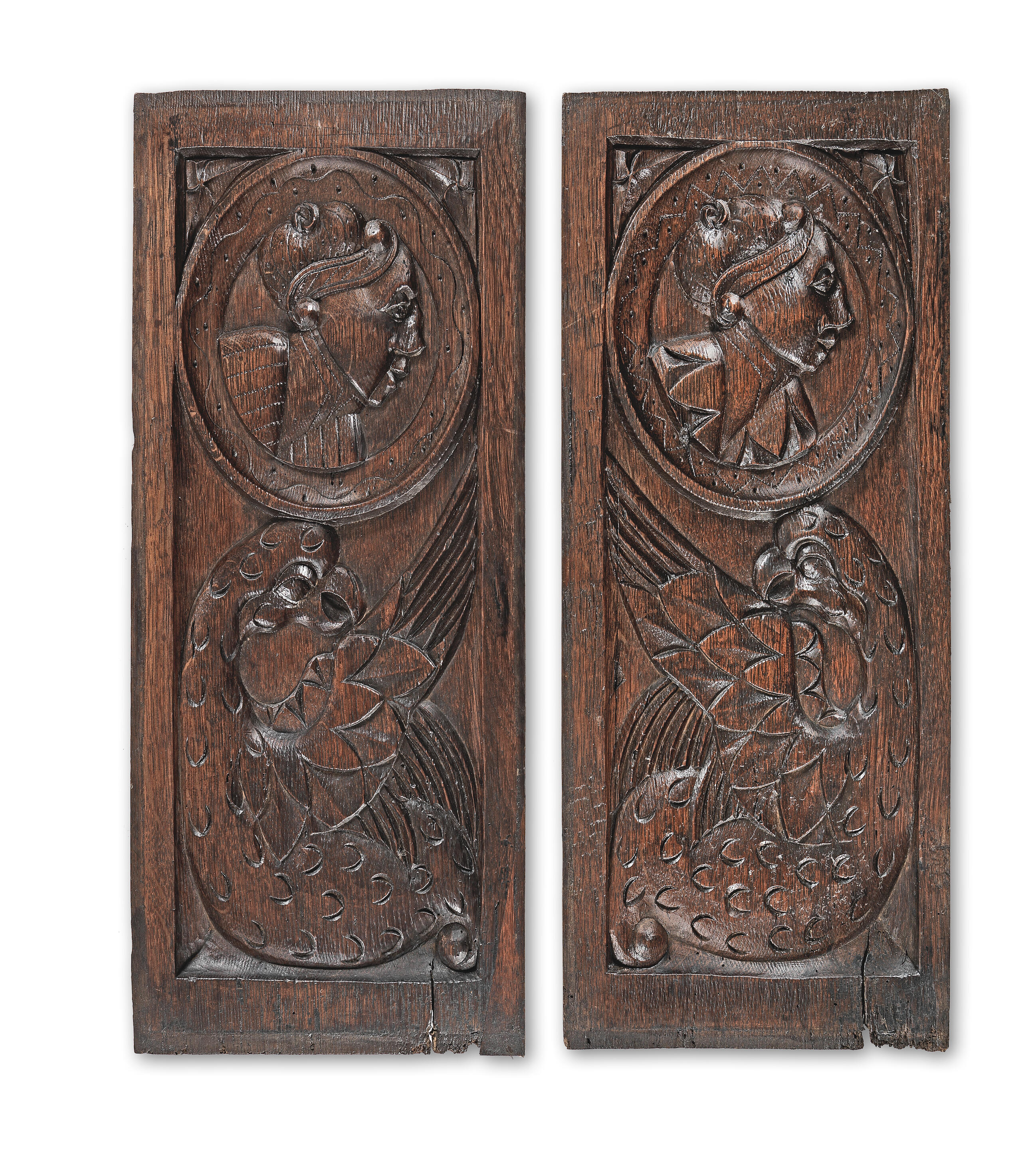 Bonhams : A pair of mid-16th century carved oak 'Romayne'-type panels, circa 1530-60 (2)