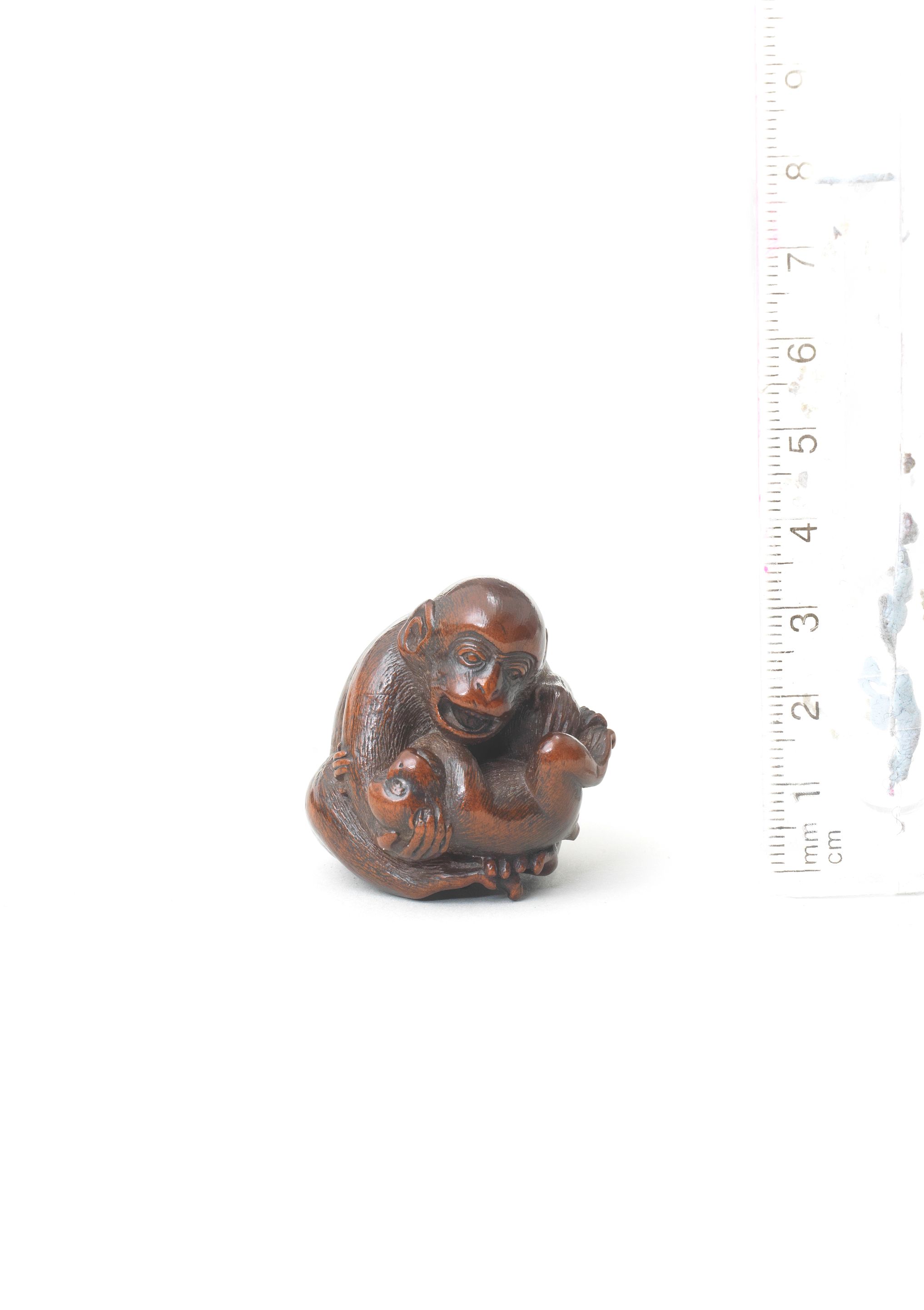 Bonhams : A wood netsuke of a monkey with young By Masanao, Yamada, Ise ...