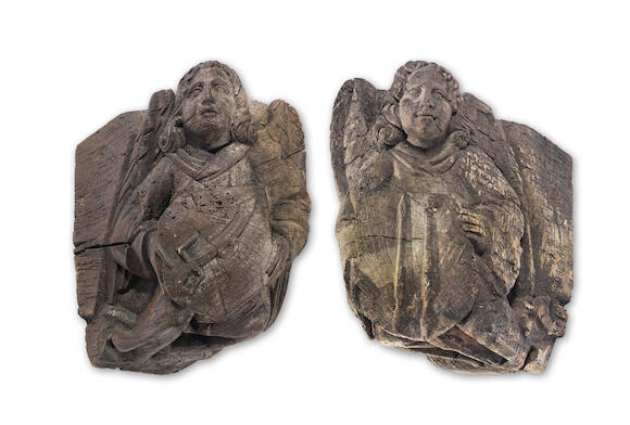 Bonhams : A pair of late 15th/early 16th century carved angel roof corbels, or beam ends, Anglo ...