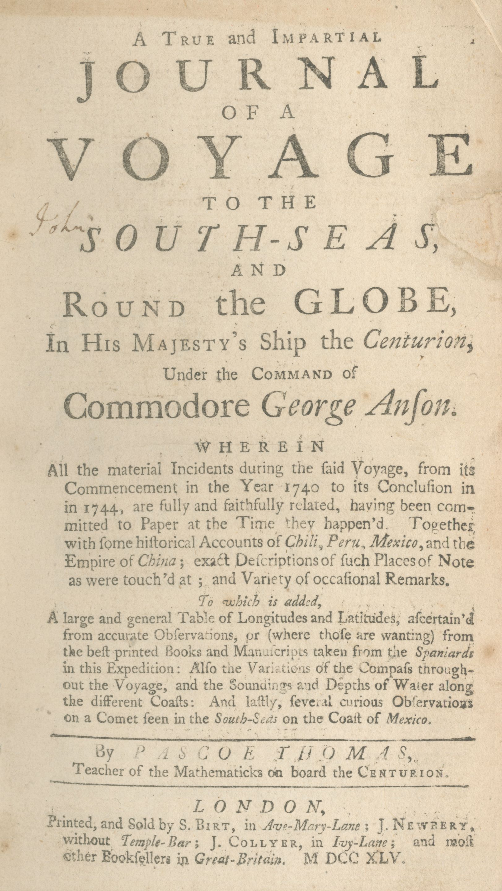 Bonhams : THOMAS (PASCOE) A True and Impartial Journal of a Voyage to ...