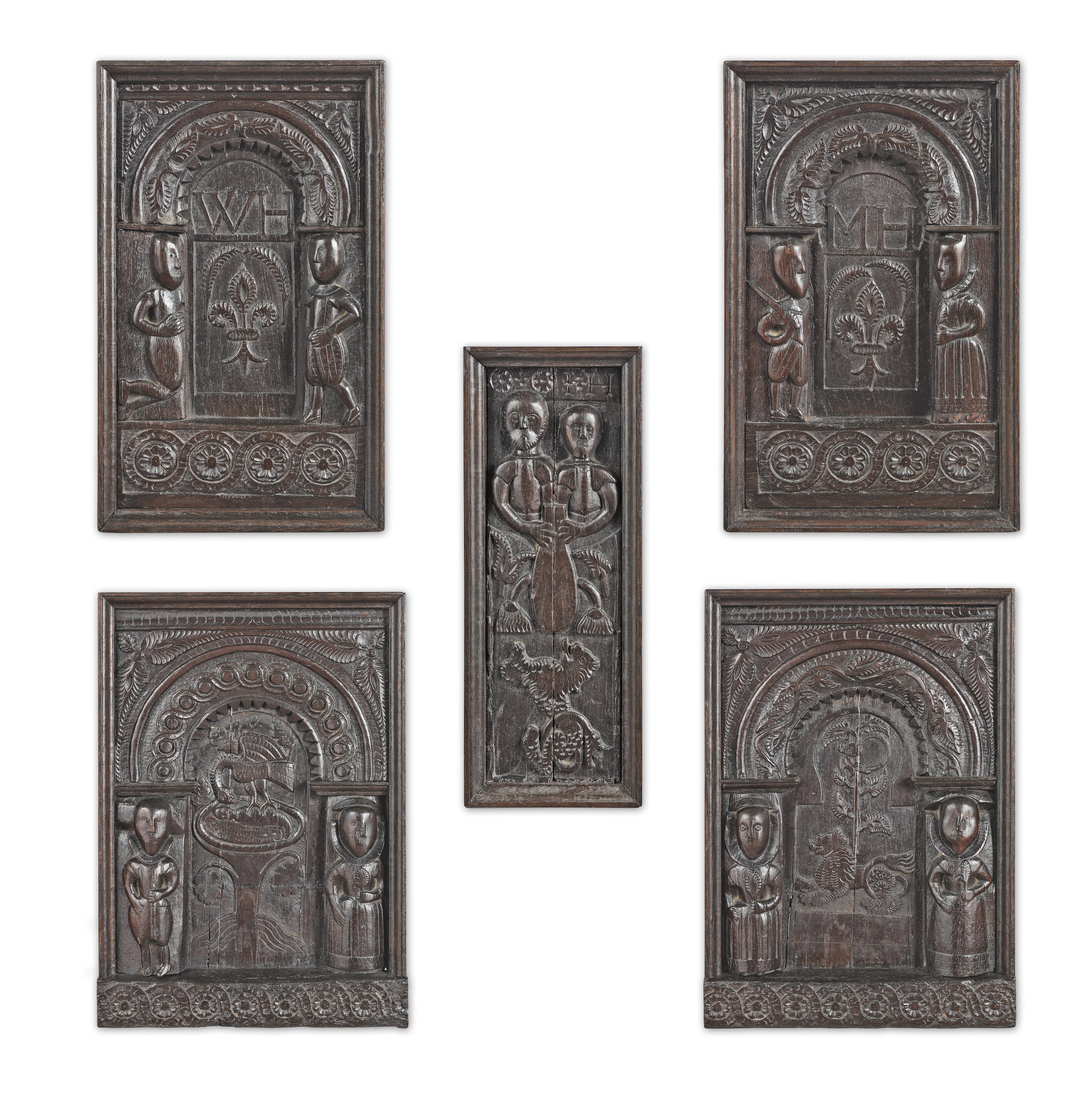 Bonhams : An interesting set of five 16th century carved oak panels, English (5)