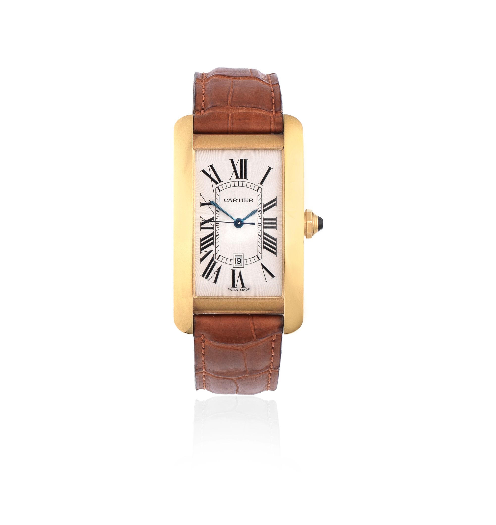 Bonhams : Cartier. An 18K gold automatic rectangular calendar ...