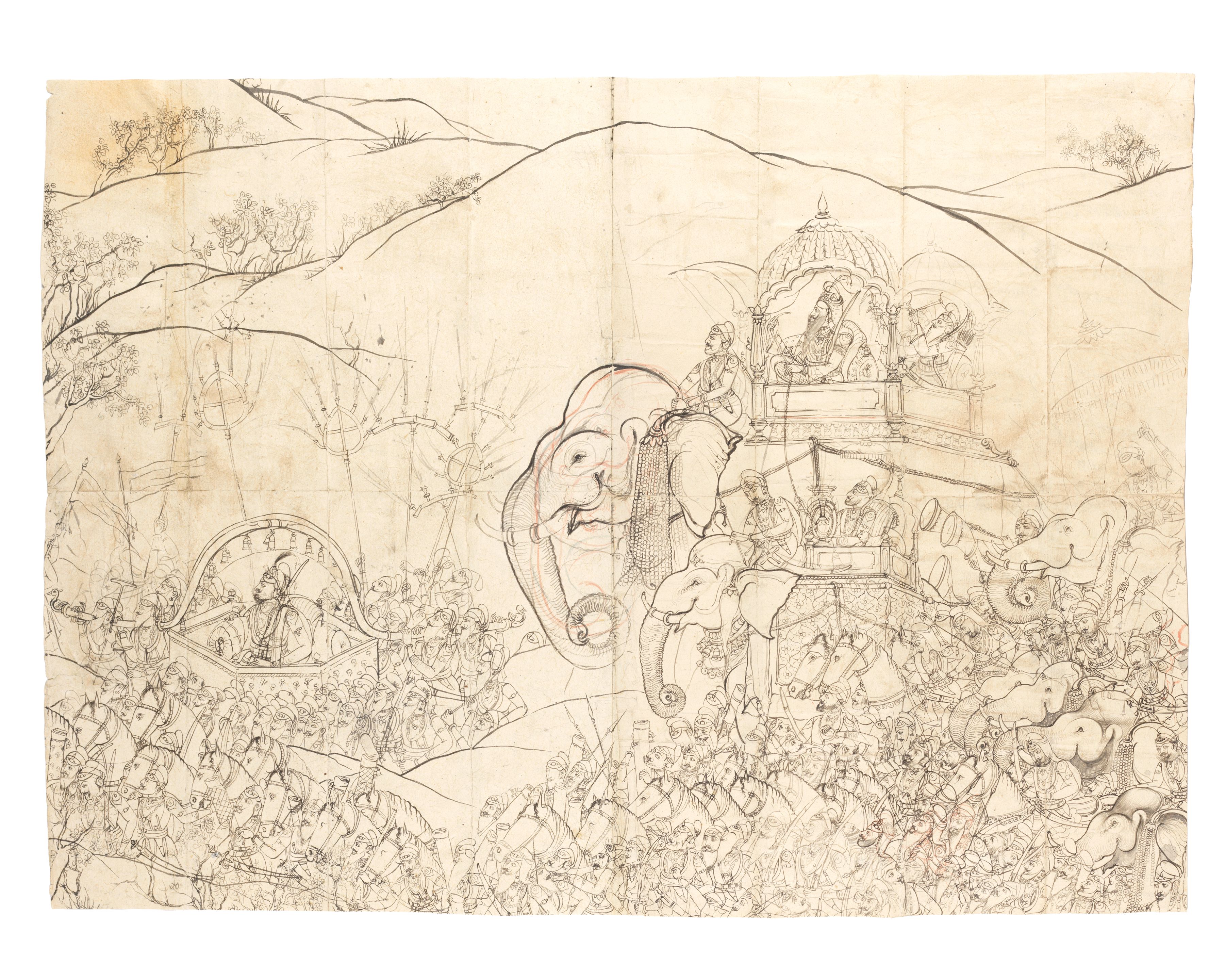 Bonhams : A large drawing of Sikh forces on the move, with noblemen ...