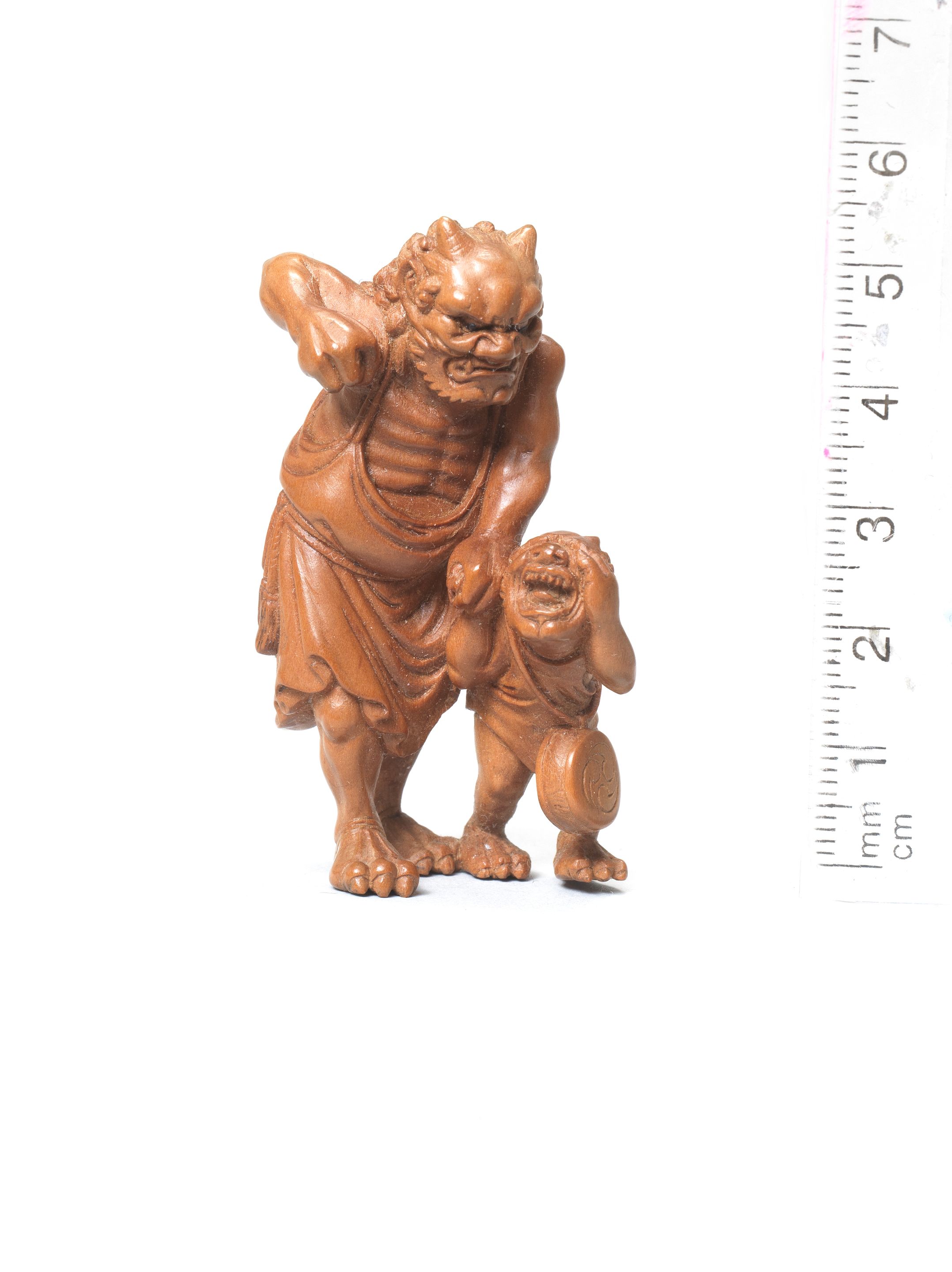 Bonhams : A late wood okimono-style netsuke of Raiden and Raitaro Late ...