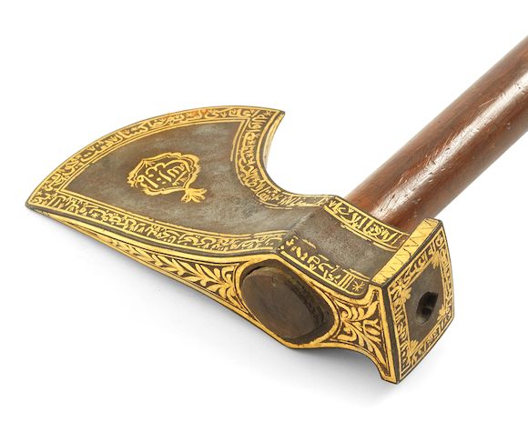 Bonhams : An Ottoman gold-damscened steel axe-head signed by Feyzi ...