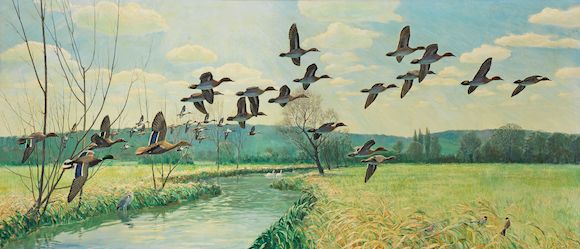 Bonhams : Sir Peter Scott (British, 1909-1989) Mallard and Teal in Flight