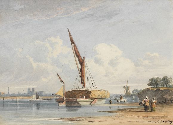 Bonhams : John Varley OWS (London 1778-1842) A hay barge on the Thames ...